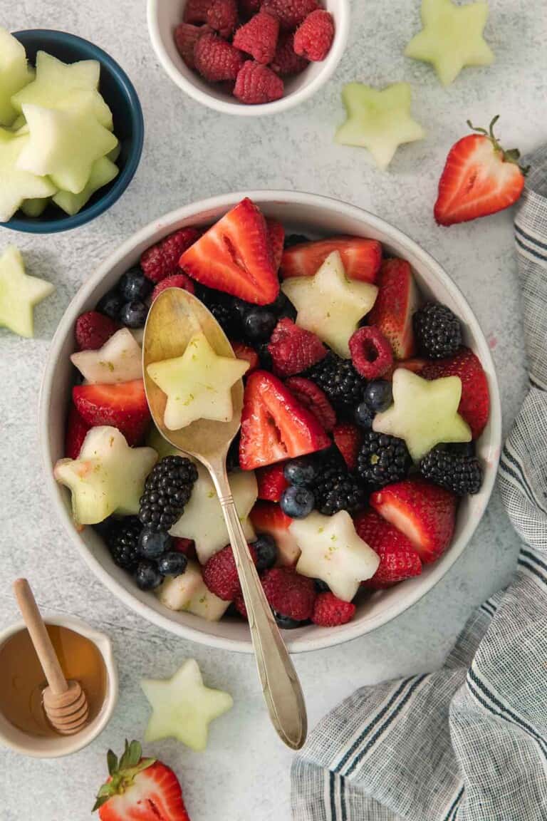 4th of July Fruit Salad (Honey Lime Dressing!) - Meaningful Eats