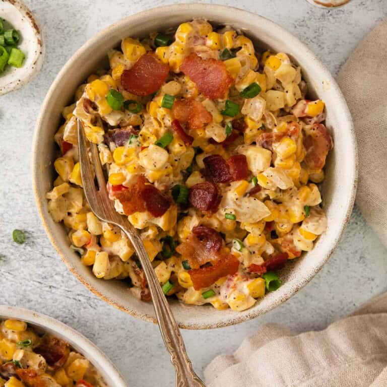 Cream Cheese Confetti Corn (with Bacon!) - Meaningful Eats